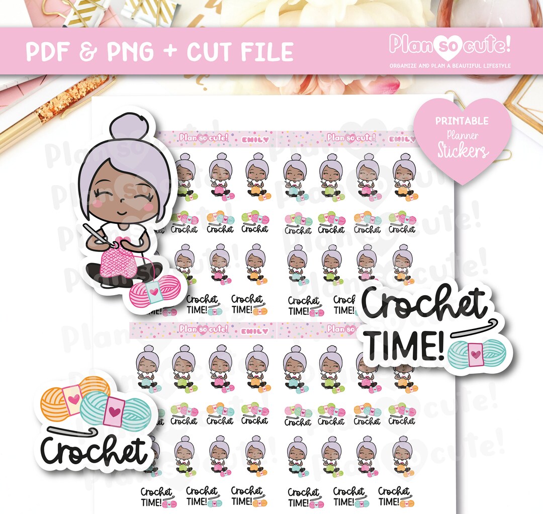 Emily Loves Crochet Printable Stickers, Dark Skin, Crocheting Stickers ...