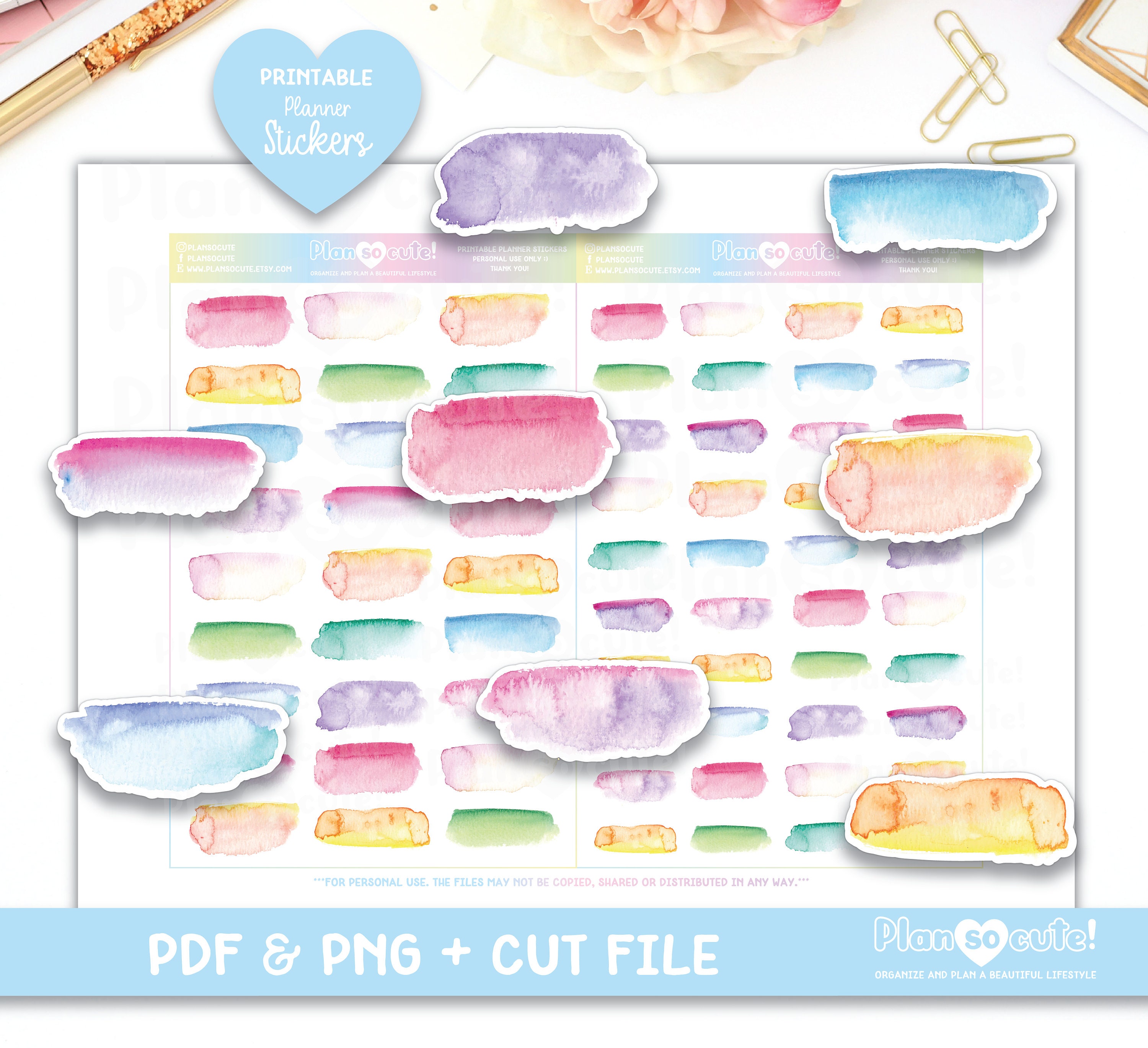 Watercolor Strokes Printable Planner Stickers Cricut and - Etsy