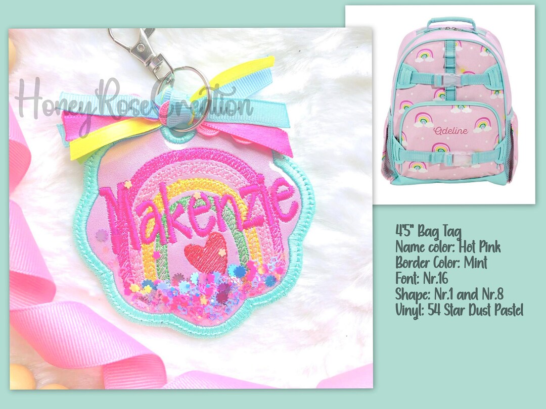 Personalized Rainbow Bag Tag, Embroidered Fabric Shaker, Back to School ...