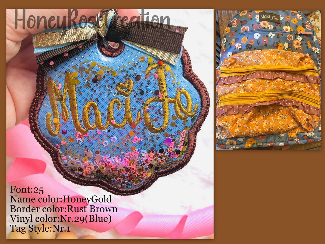 Personalize Fabric Bag Tag, School Bag Tag Embroidered Glitter Backpack ...