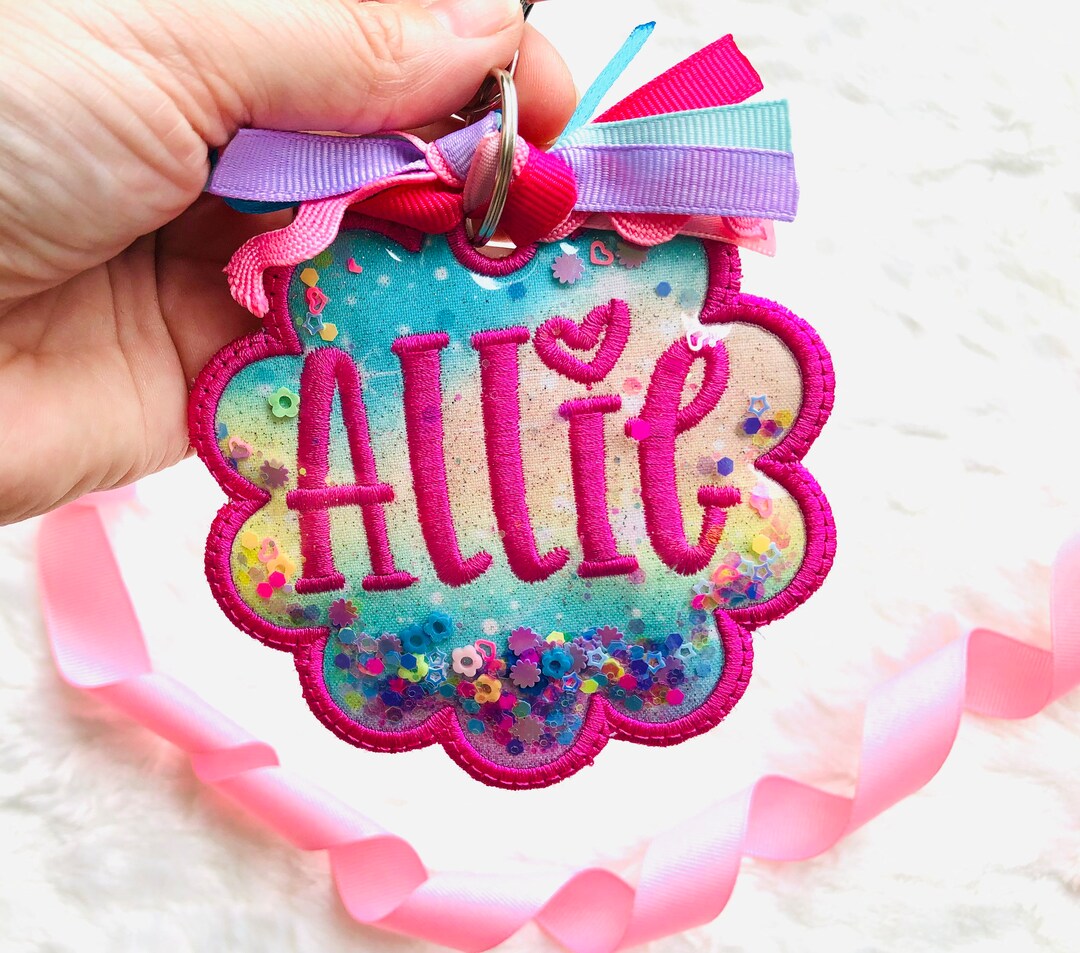 Personalize Fabric Bag Tag, Backpack Name Tag, Embroidered Glitter Name ...