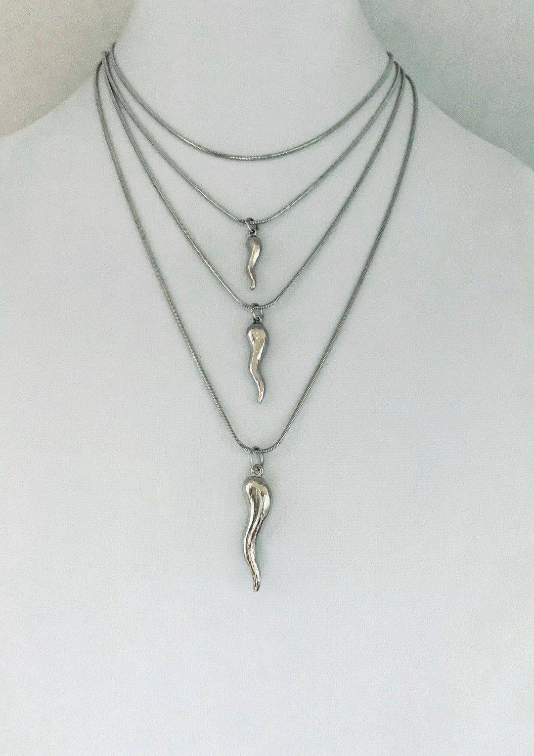 Italian Horn Necklace, Italian Cornicello, Italian Amulet, Rhodium ...
