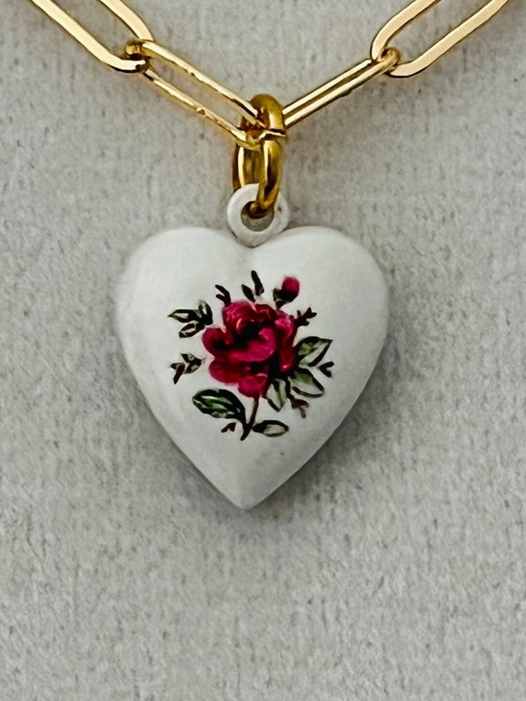 Pink Rose Locket, White Enameled Rose Heart Locket, Small Dainty Pink ...