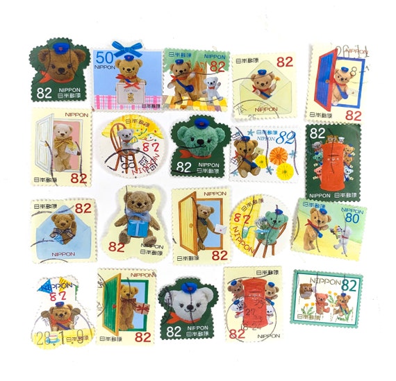 20 x Posukuma & Teddy Bear cute Japanese used postage stamps | Etsy