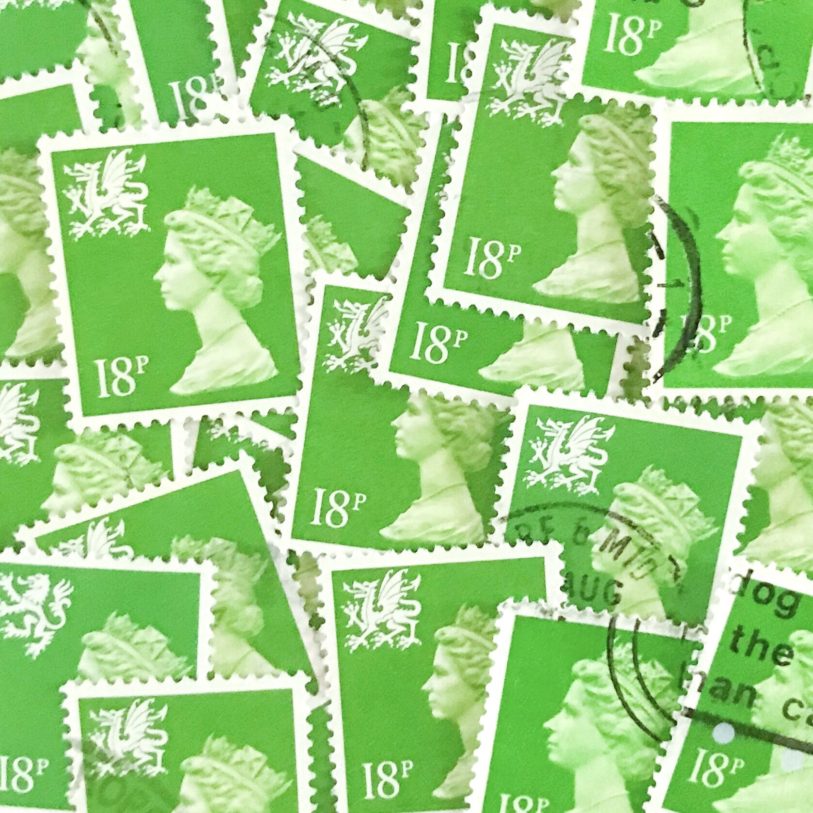 Bright Green, Used, British, 18p Machin Postage Stamps All off Paper ...