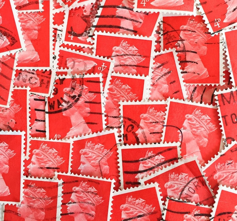 Red, Used, British, 4d Machin Postage Stamps All off Paper for Collage ...