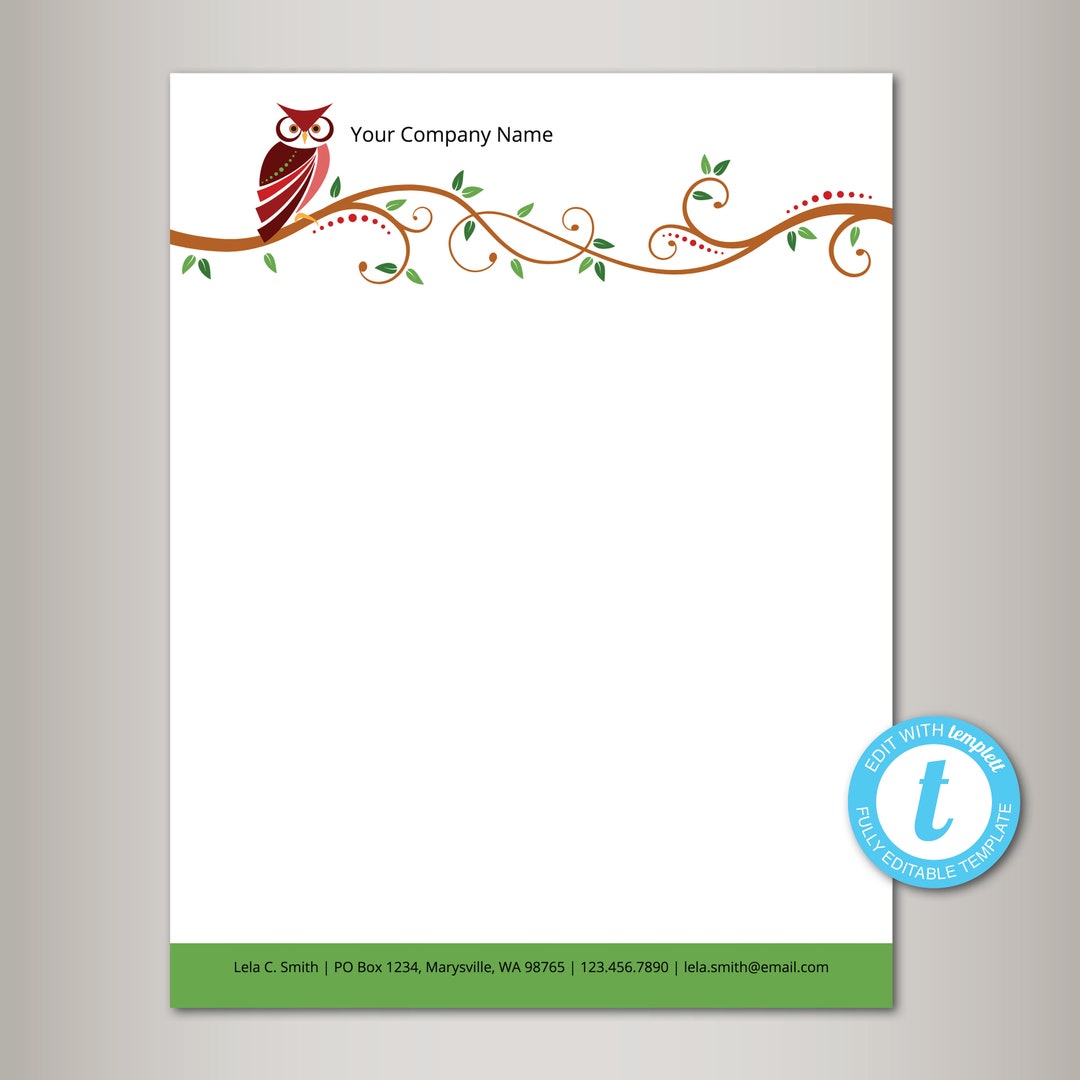 Letterhead Template, Owl Letterhead, DIY Custom Letterhead ...