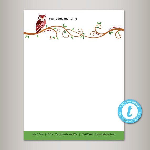Letterhead Template Owl Letterhead DIY Custom Letterhead | Etsy