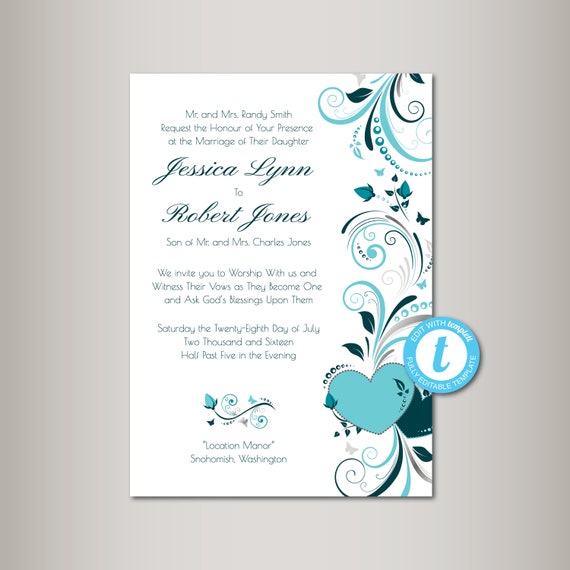 Wedding Invitation Turquoise Wedding Invite Template Teal | Etsy