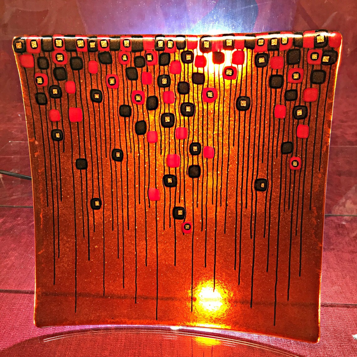 Square Fused Glass Plate cascade 2 Tomato/black/red/dichroic Fused ...