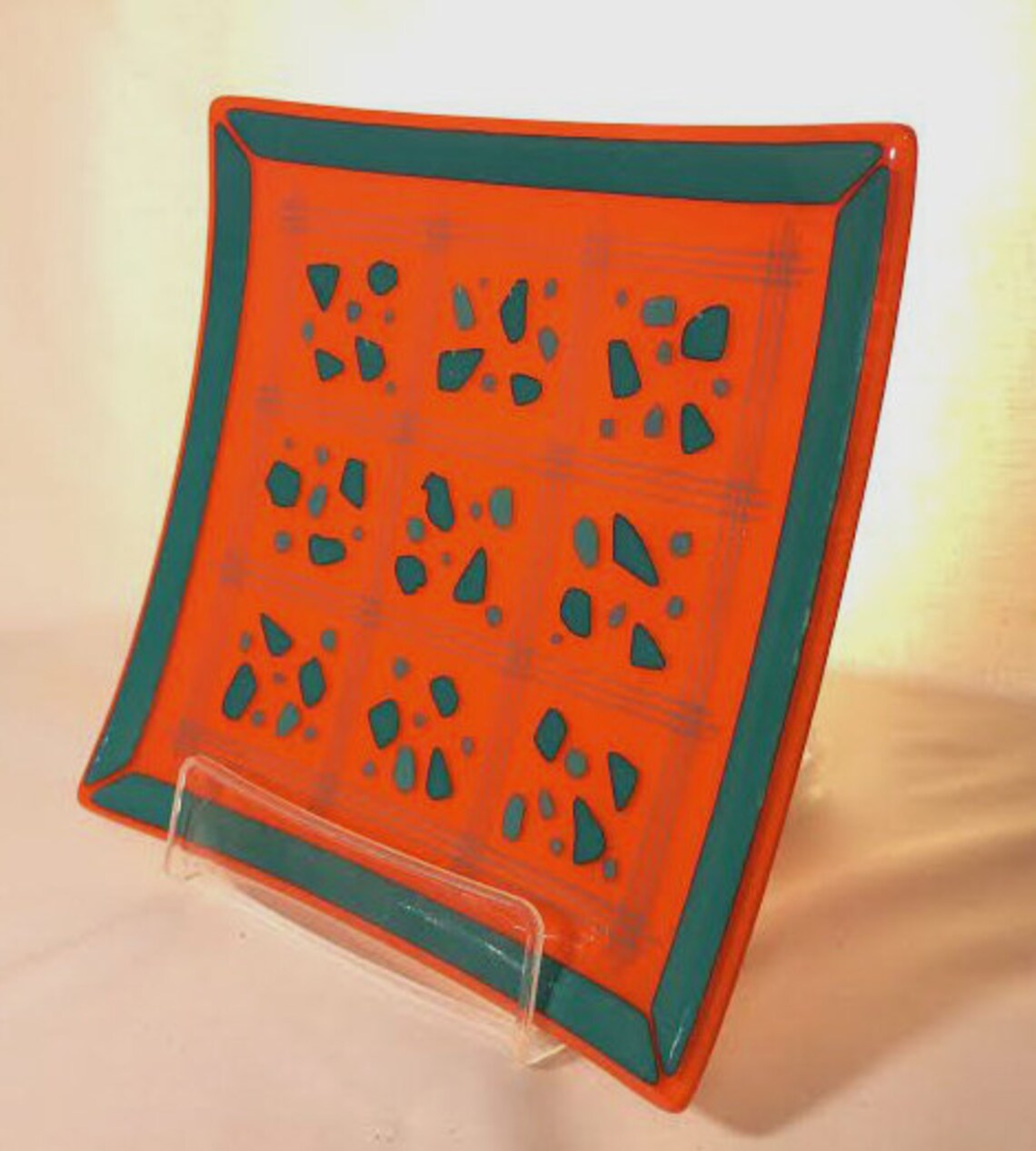 Square Fused Glass Plate. Rich Opaque Orange & Teal Fused Glass. 9 ...