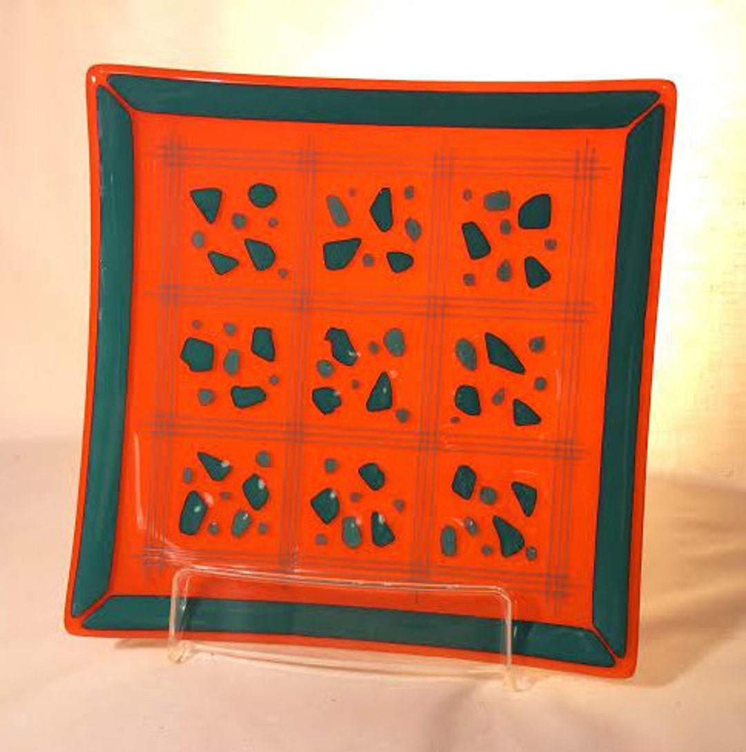 Square Fused Glass Plate. Rich Opaque Orange & Teal Fused Glass. 9 ...