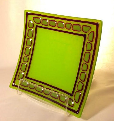 Square Fused Glass Plate. Opaque Spring-green/vermilion-red - Etsy