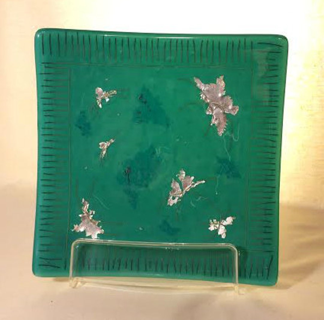 Square Fused Glass Plate. Opaque Teal Fused Glass & Clear Fused Glass W ...