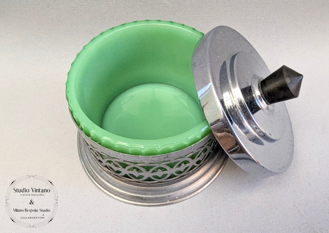 Art Deco Jadeite, Chrome and Bakerlite Jar With Lid, Vintage Powder Jar ...