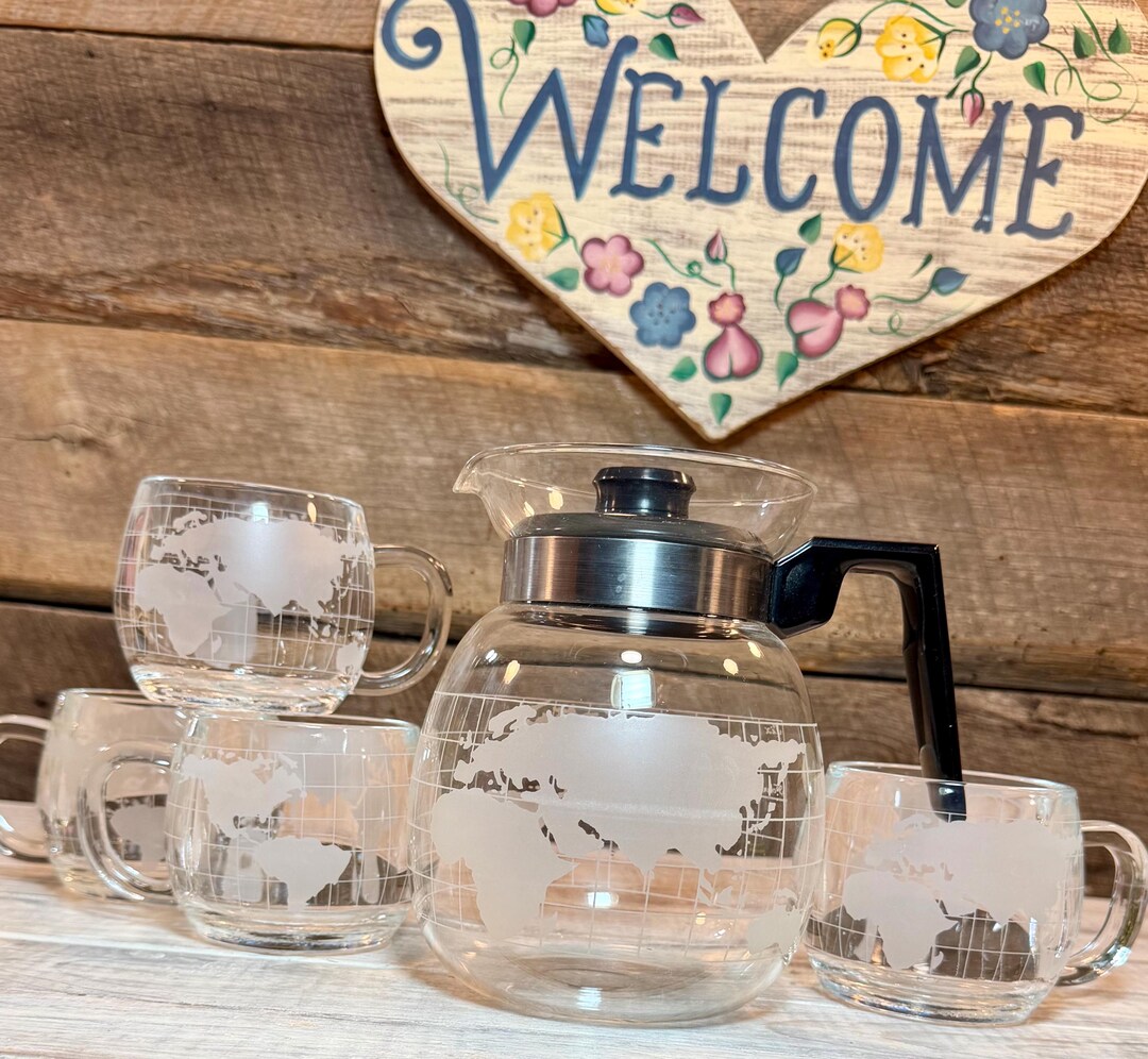 Nestle Nescafé Glass World Globe COFFEE POT Set With 4 Mugs, 1970s ...