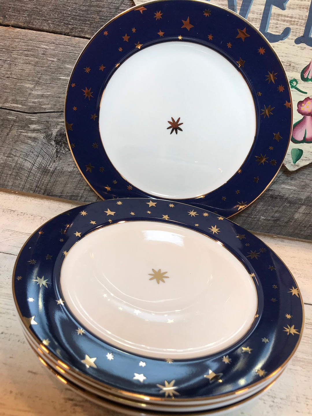 Sakura Galaxy Blue Set of 4 (four) SALAD PLATES With 14K Gold ...