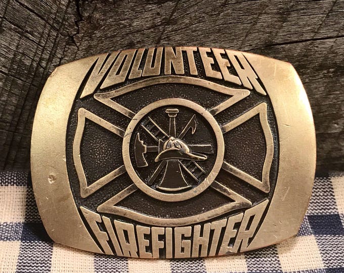 1981 Vintage VOLUNTEER FIREMAN Brass Belt Buckle by Indiana Metal Craft ...