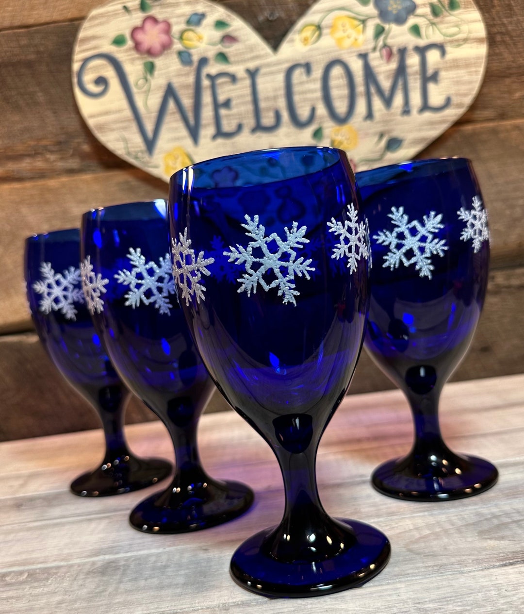 Set of 4 (four) Libbey Cobalt Blue Celestial Snowflakes Iced Tea ...