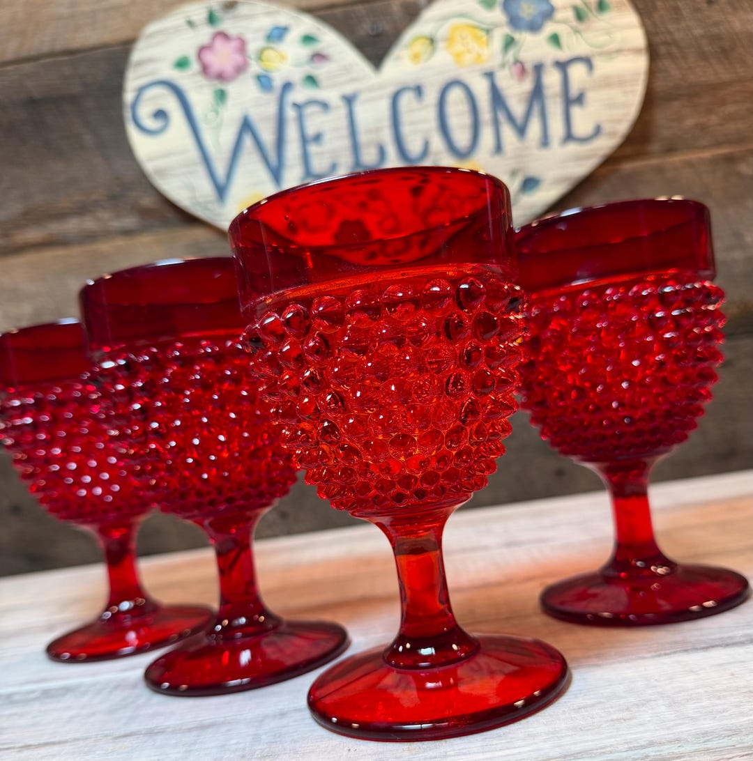 GORGEOUS Set of 4 (four) *rare* Red Hobnail Water Goblets by LG Wright ...