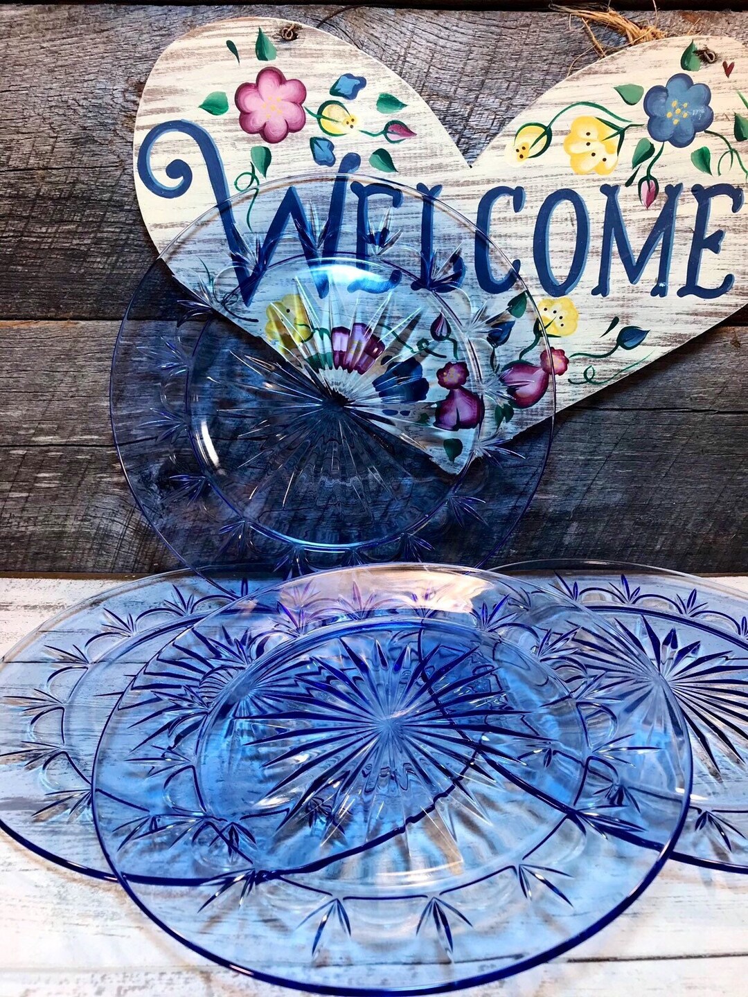 Set of 4 (four) STUNNING Blue Glass DINNER Plates by Fostoria for Avon ...