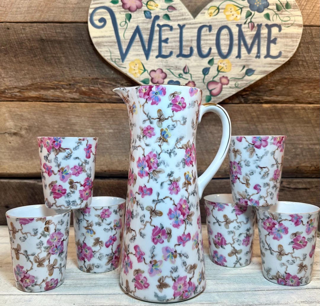 STUNNING *rare* Lefton Pink Floral Pitcher Set With 6 (six) Glasses ...