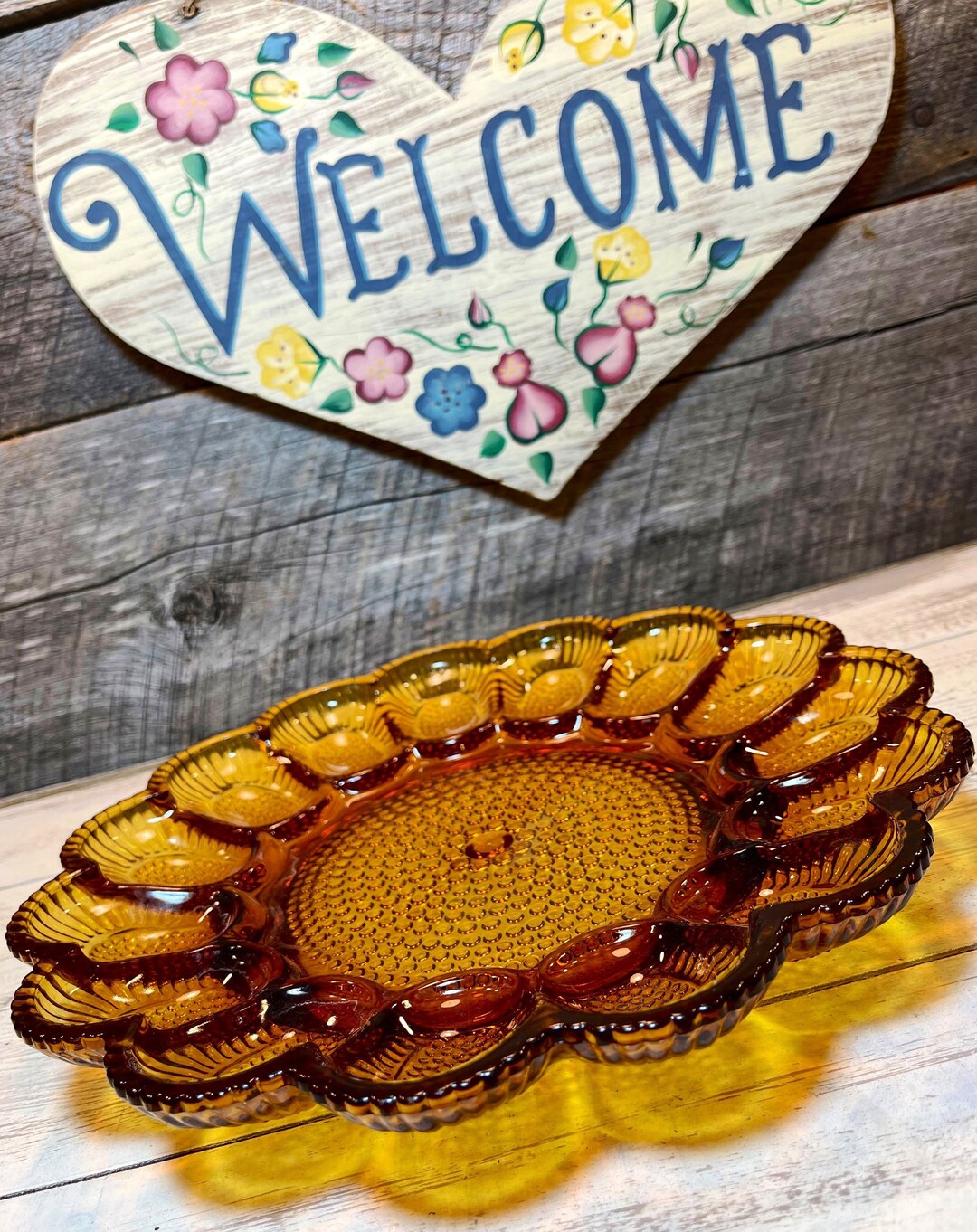 Indiana Glass Vintage AMBER Glass Egg Plate, Egg Relish Tray, Relish ...