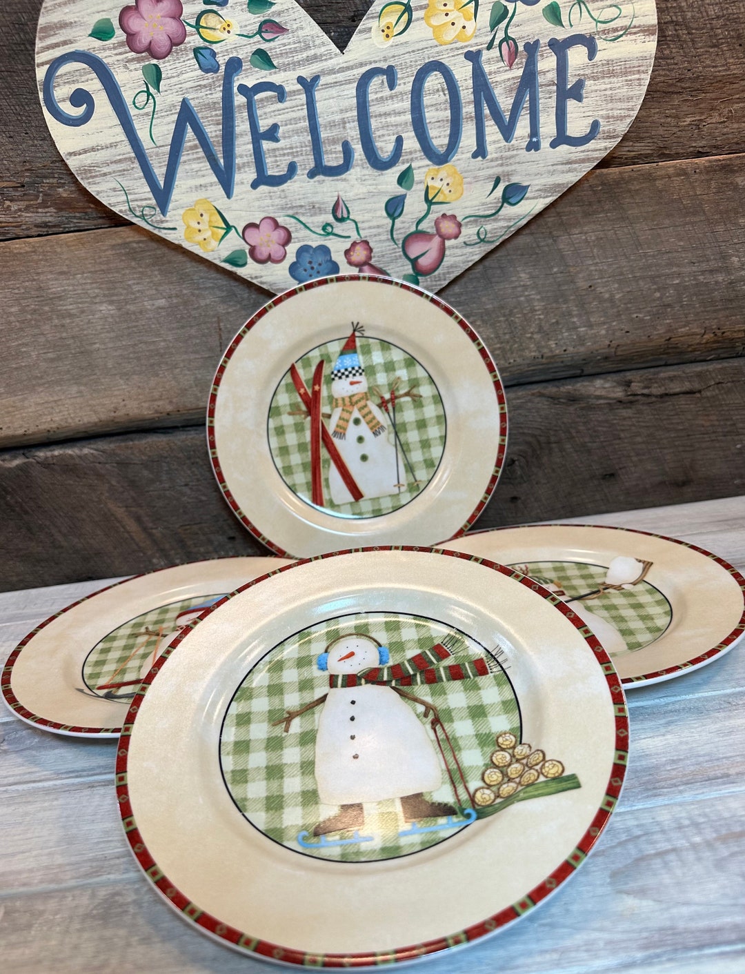 FABULOUS Set of 4 (FOUR) Debbie Mumm North Country Snowmen SALAD Plates ...