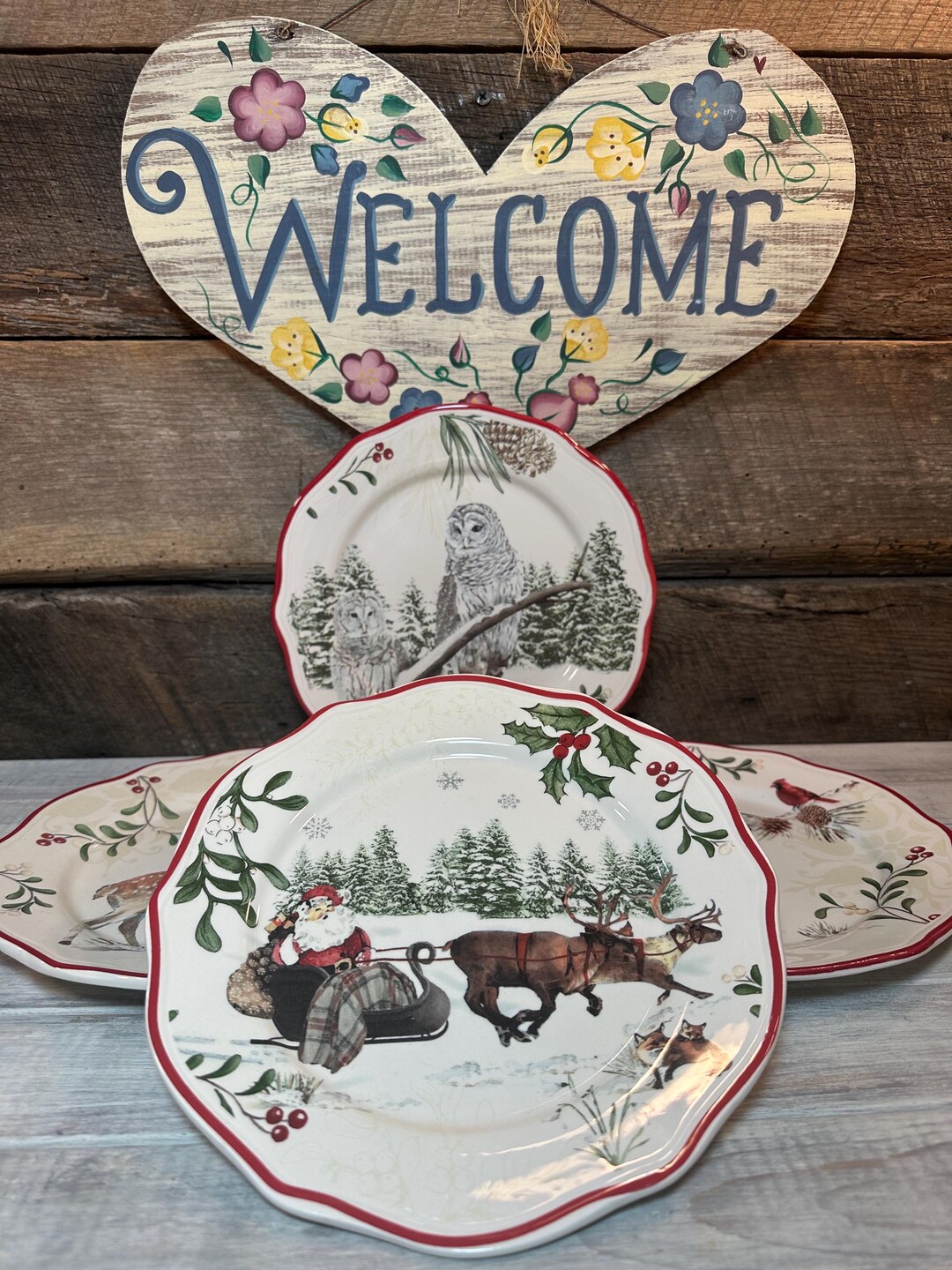 GORGEOUS Set of 4 (four) Christmas Salad Plates - Winter Forest Pattern ...