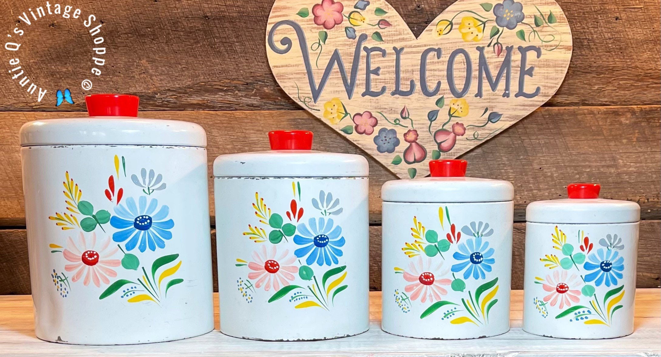 Set of Five Small Canisters Wall Decor #1246 Vintage Small Red Metal ...