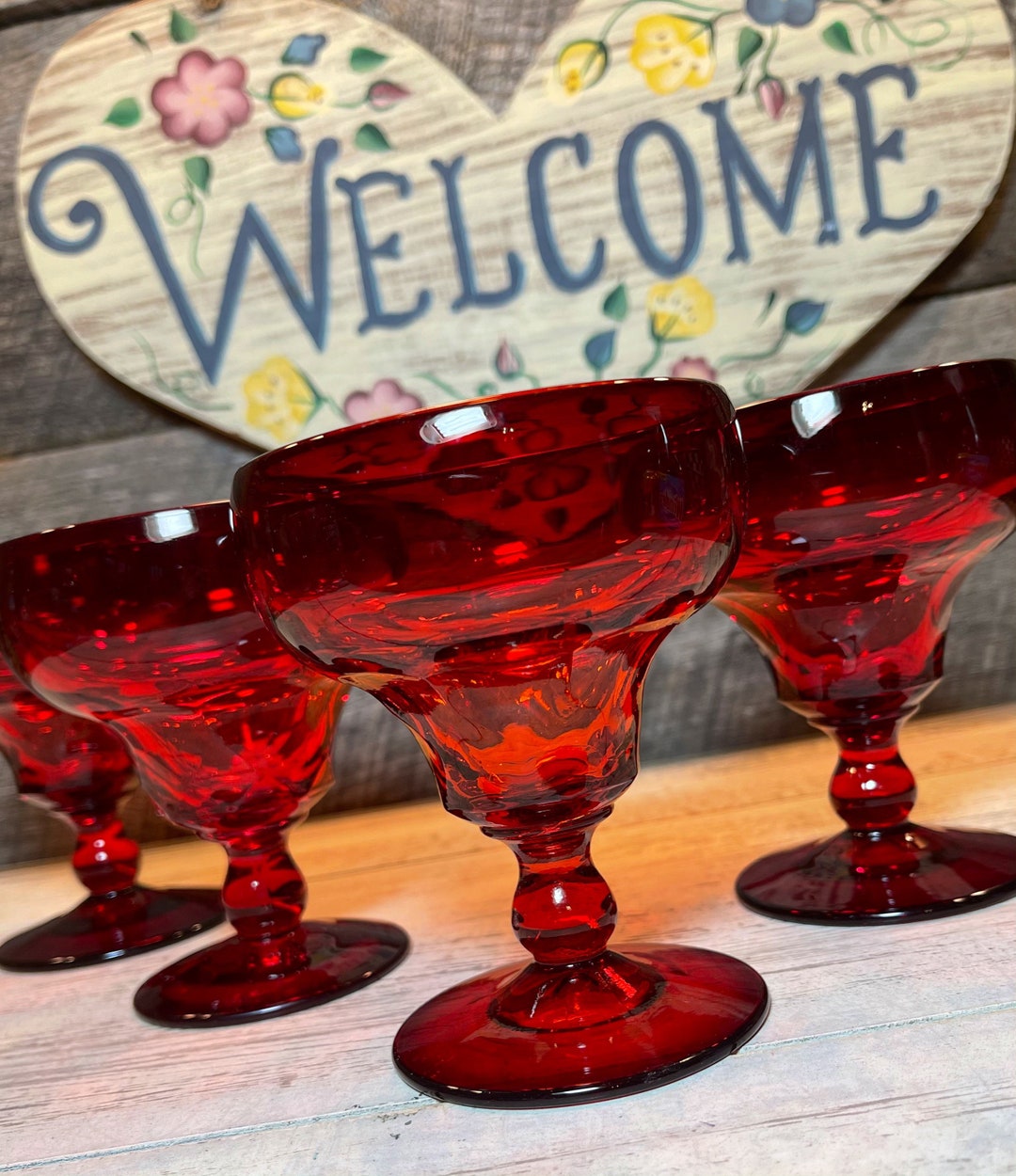 Set of 4 FOUR Fenton RUBY Red-agua Caliente-georgian Champagne Goblets ...