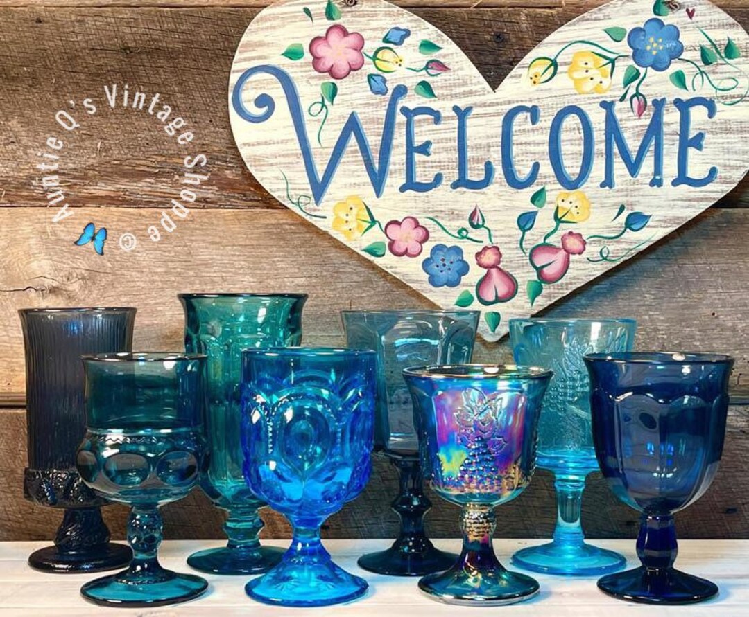 Set of 8 (eight) GORGEOUS Mismatched BLUE Vintage WATER Goblets ...