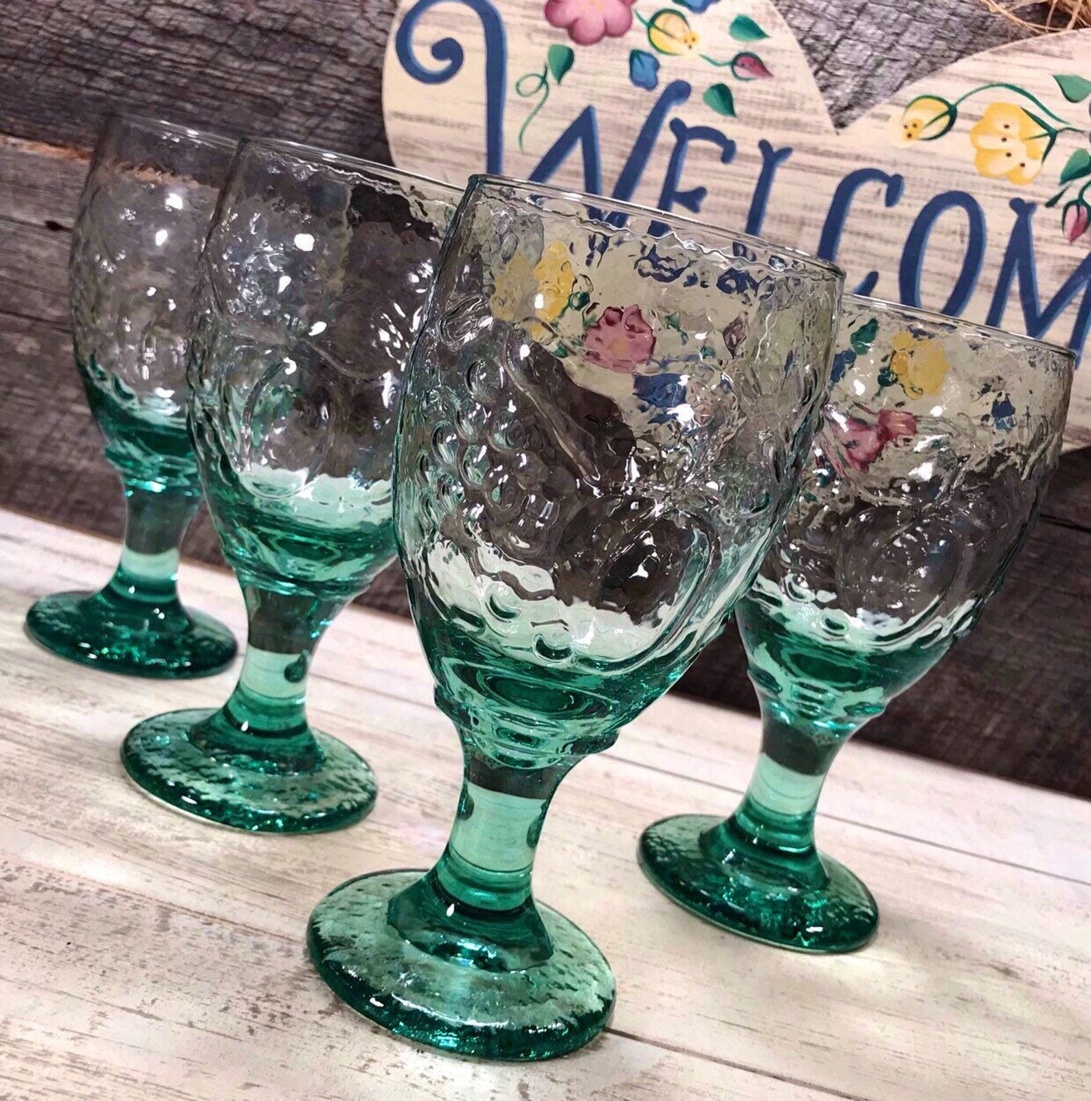 Set of 4 four Orchard Fruit-green WATER Goblets by Libbey | Etsy