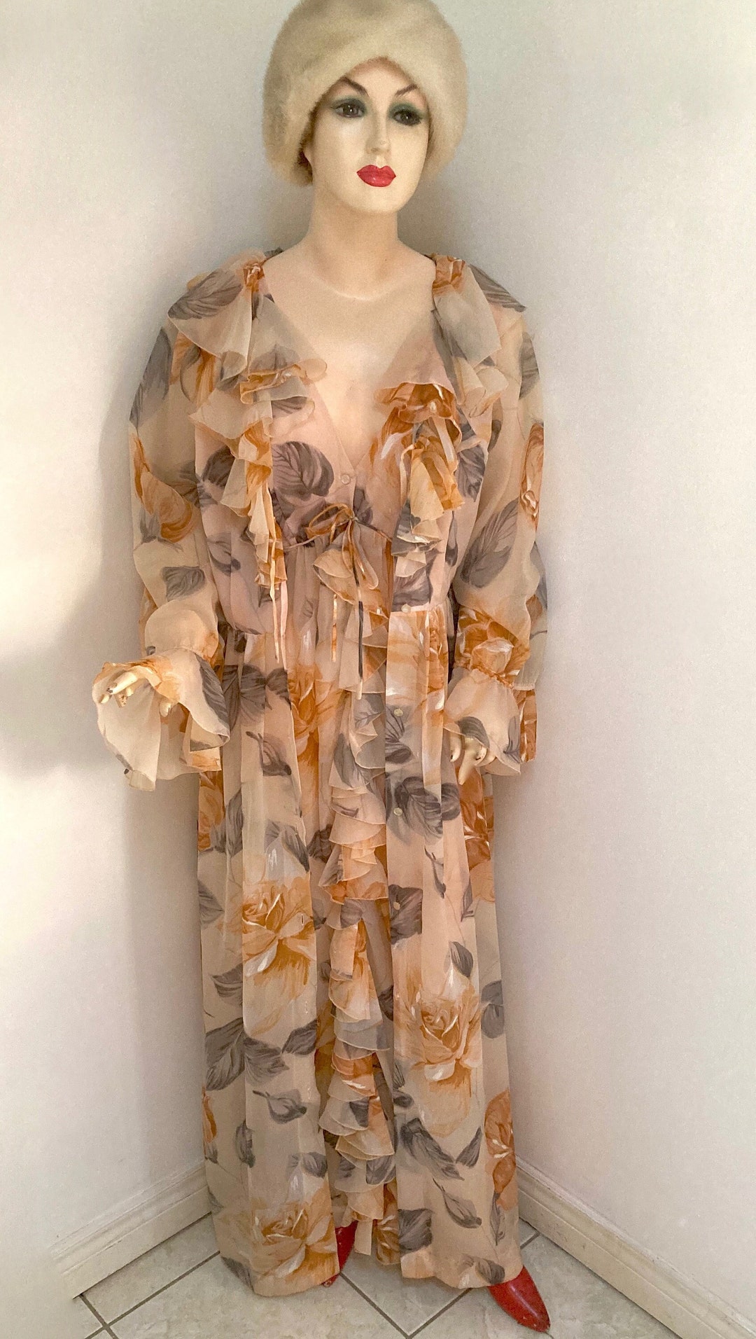 FANTASTIC 1970s Chiffon FRILLY Floral PEIGNOIR Set Size Small - Etsy