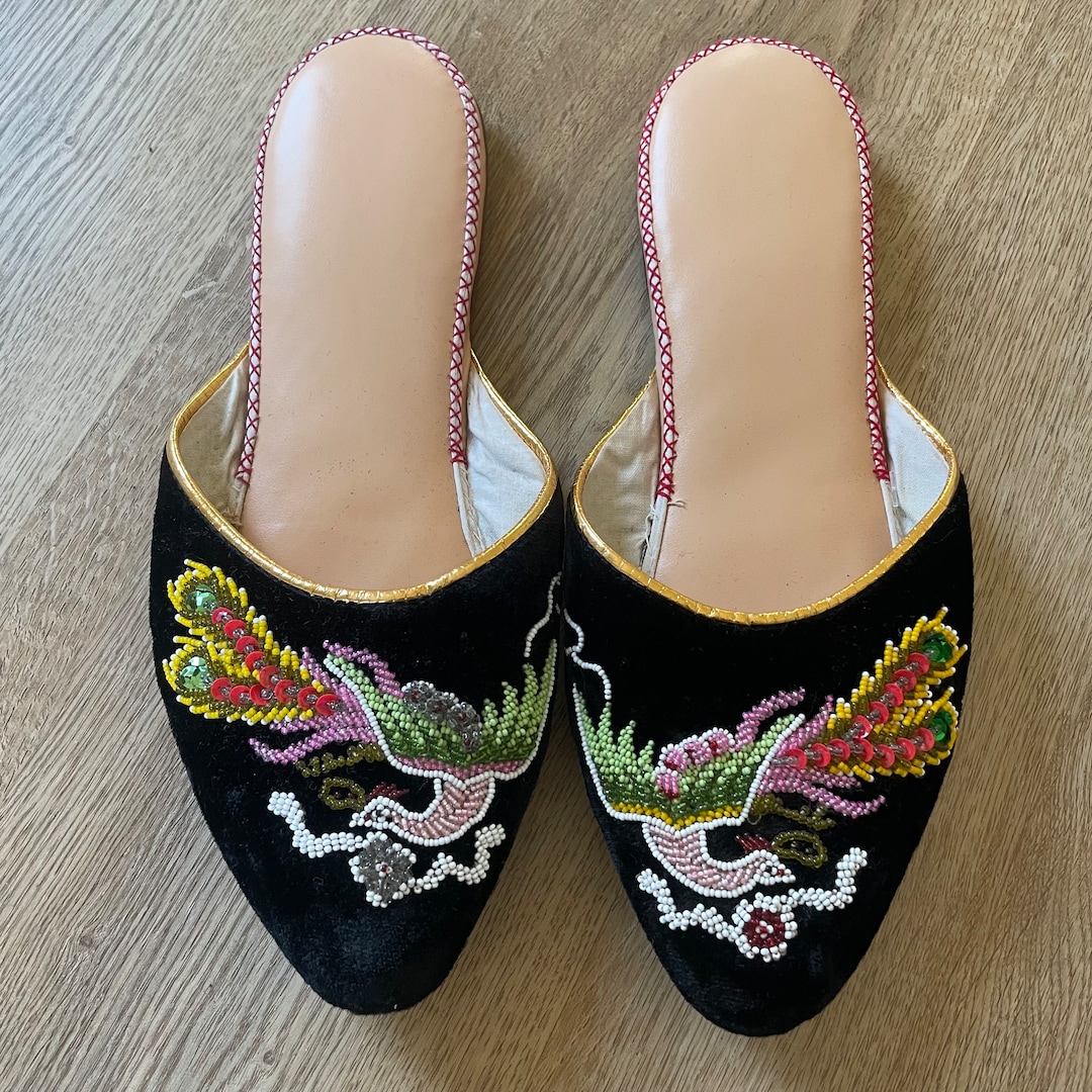LUXURIOUS Beaded Slippers Blue-black VELOUR With Gold ACCENTS Size 7.5W ...