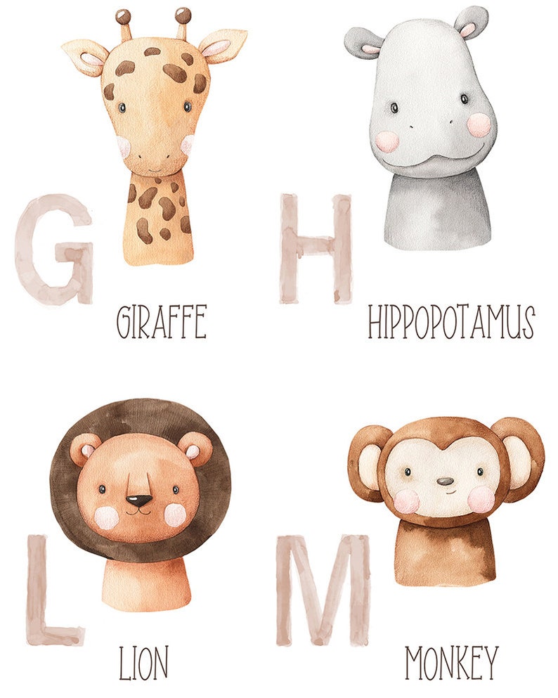 Printable Watercolor Animal Alphabet, Animal Letters for Kids Learning ...