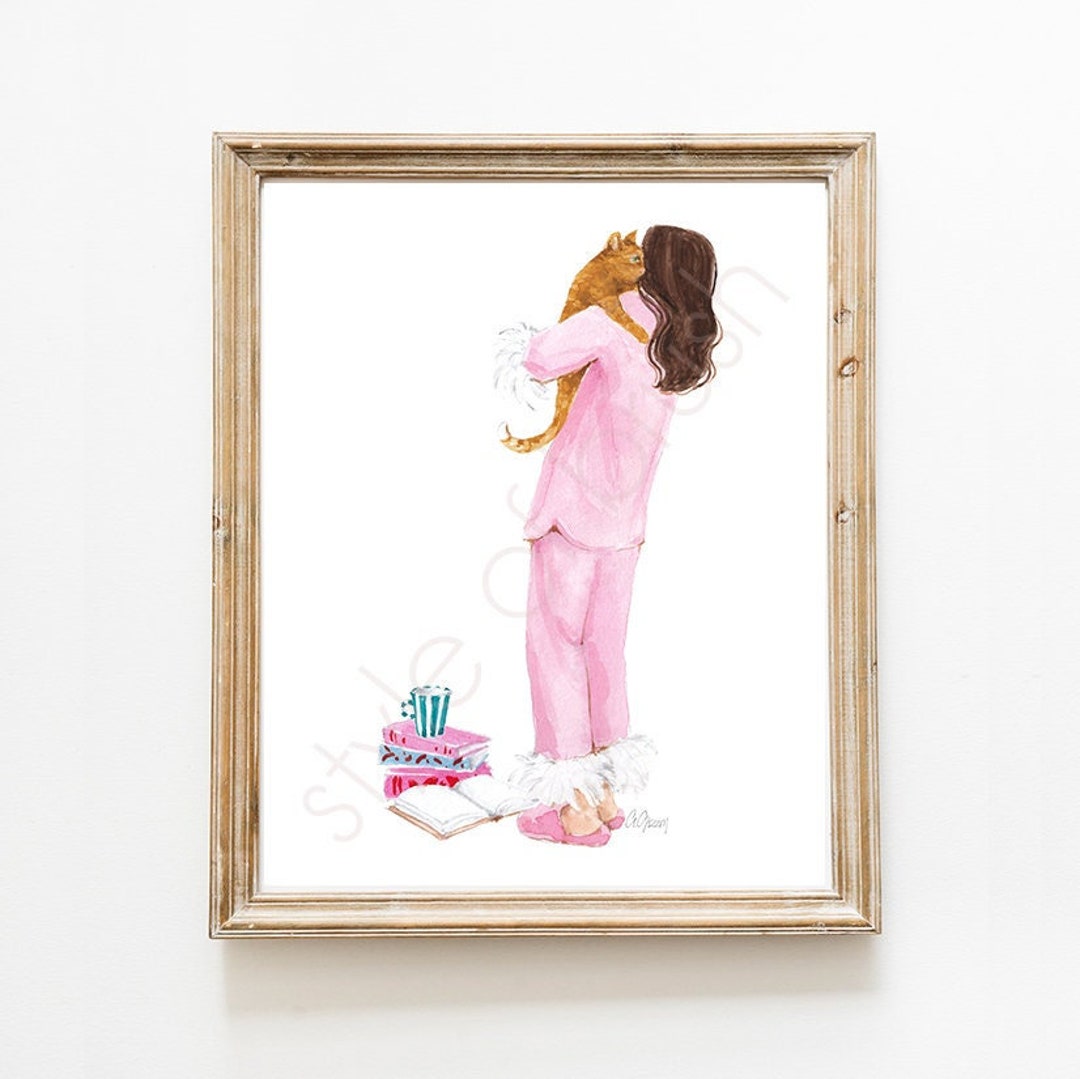 Pyjama de hele dag, Pyjama illustratie, Pyjama Kat en boeken Print ...