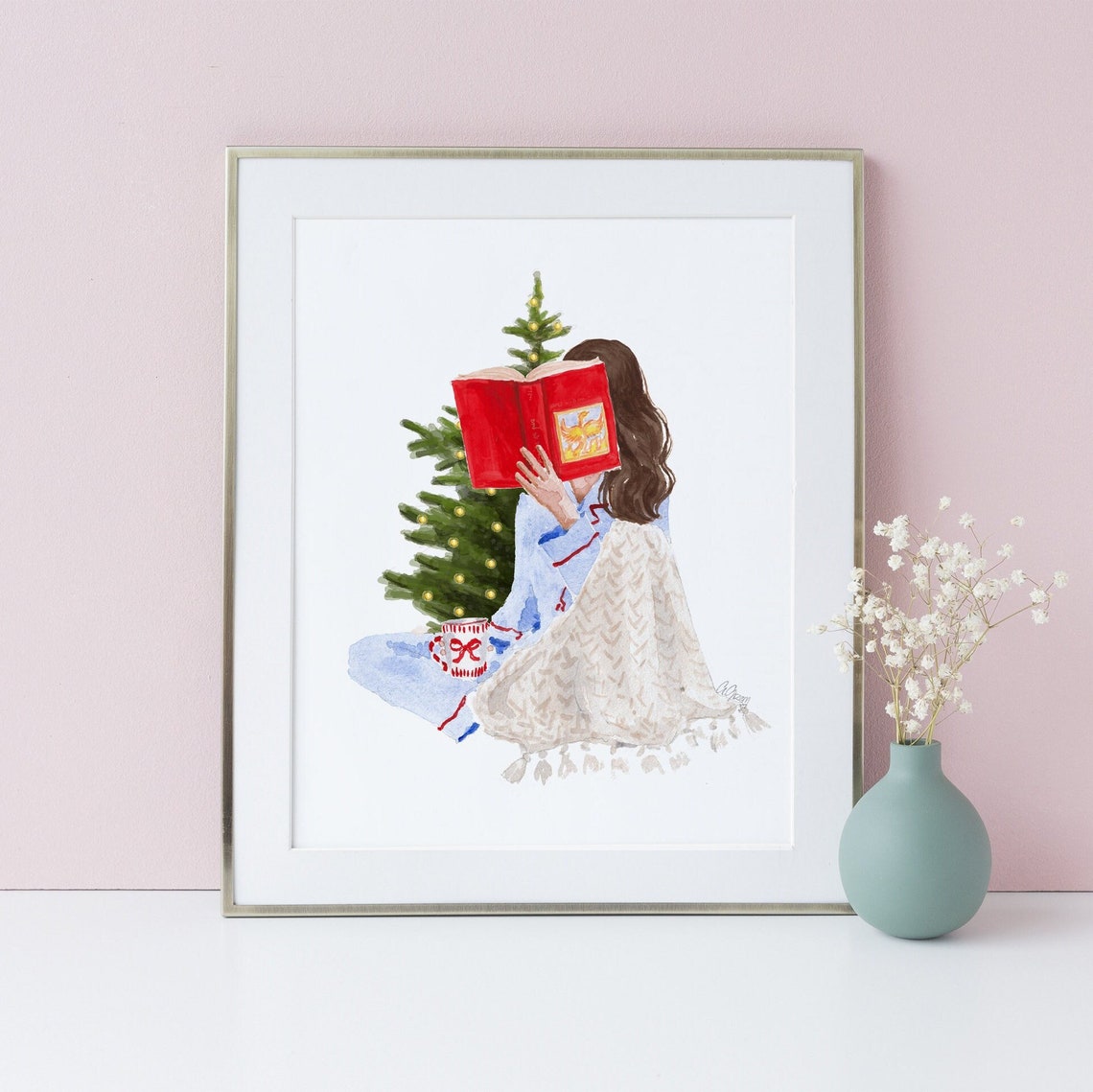 Christmas Bookworm Girl Book Art Print Home Office - Etsy