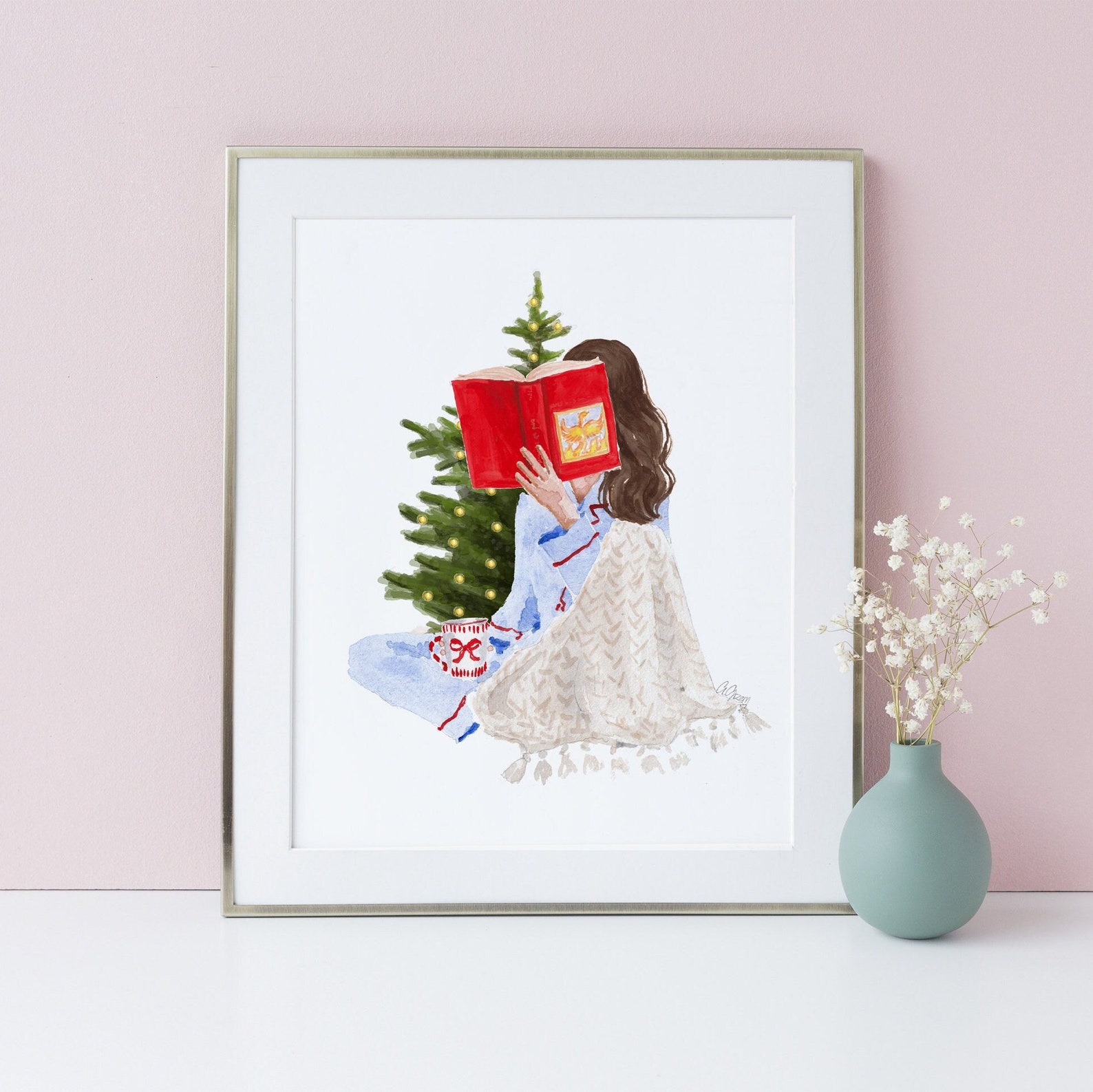 Christmas Bookworm Girl Book Art Print Home Office - Etsy