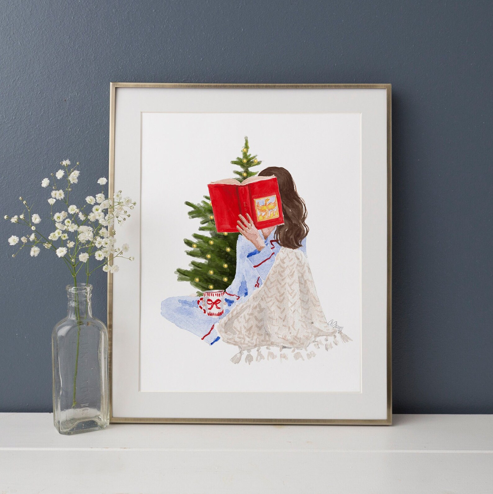 Christmas Bookworm Girl, Book Art Print Home Office, Watercolor, Book ...
