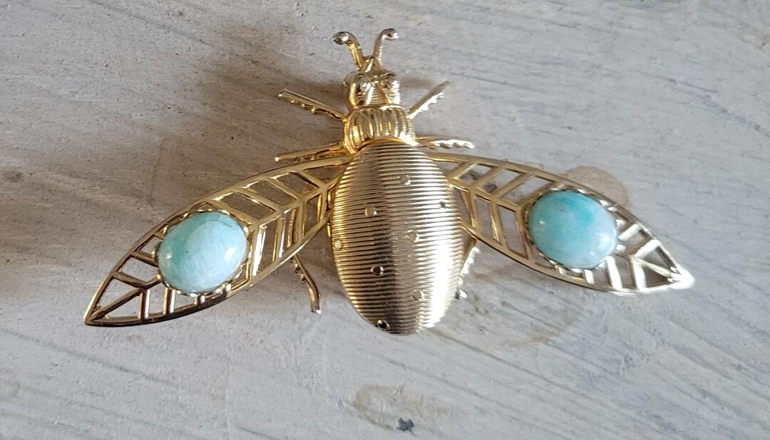 Vintage Gold Tone Insect Larimar Stone Wings - Vintage Insect Brooch ...