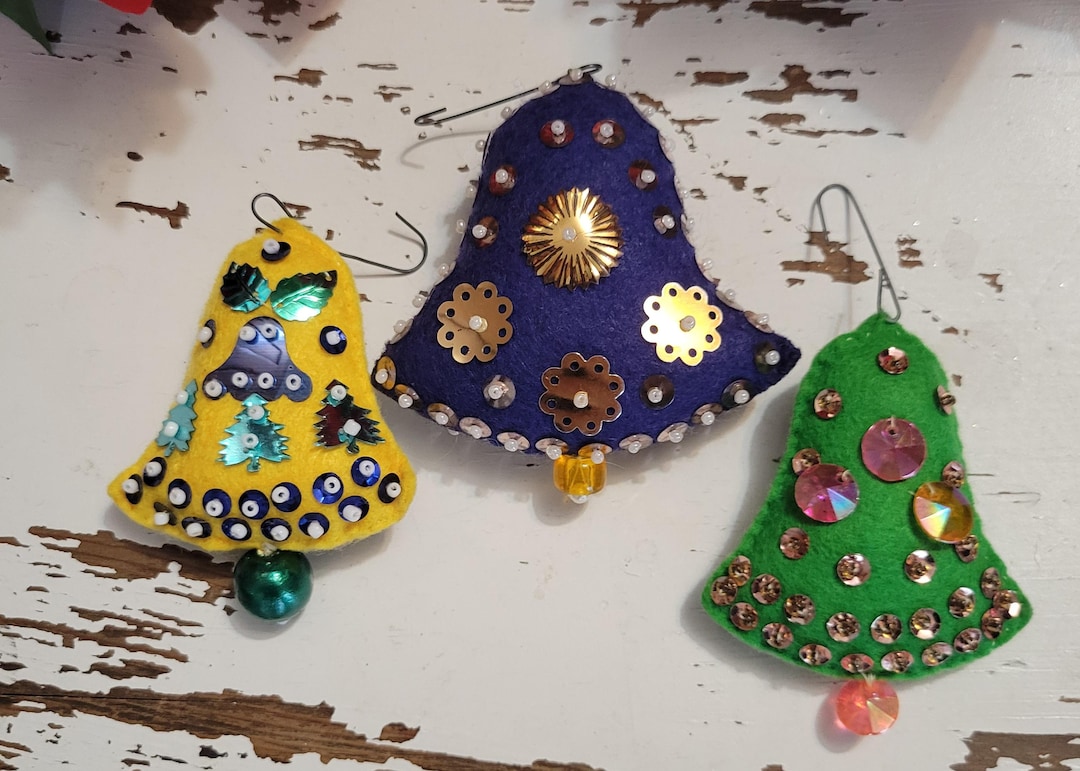 Vintage Set of 3 Christmas Felt Sequin Bell Ornaments Vintage Felt ...