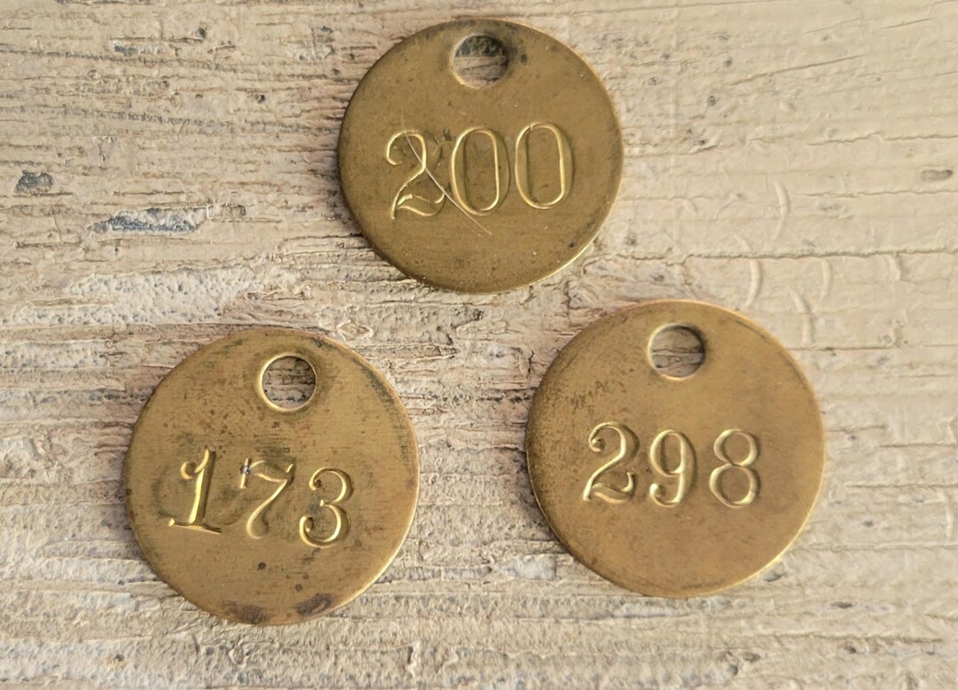 Vintage Set of 3 Double Sided Numbered Round Brass Tags - Number Tag ...