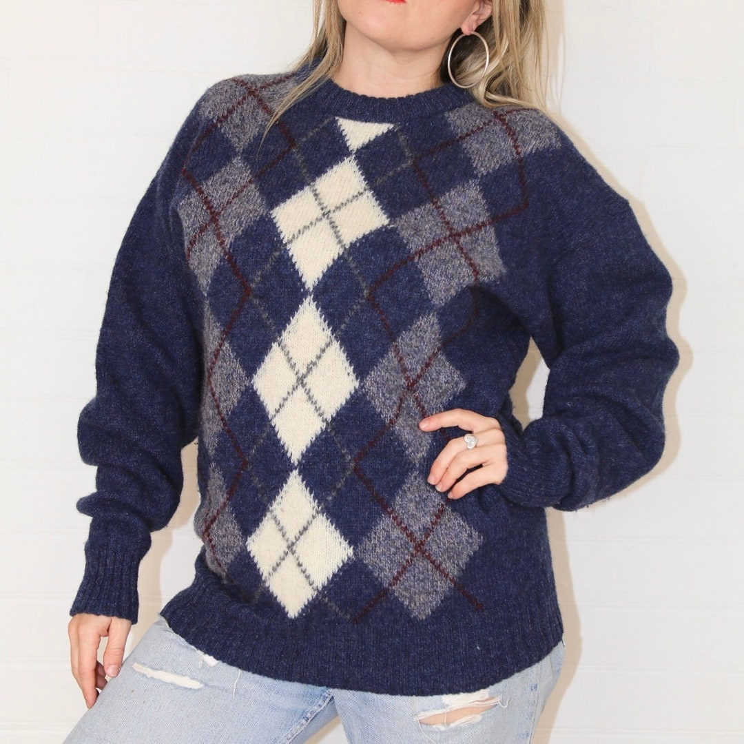 Vintage 1980s cambridge Classics Navy Blue Diamond Knit Wool Grandpa ...