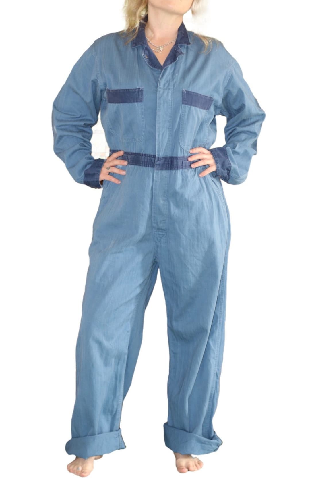 Vintage 1950s Blue Herringbone Fabric Mechanic Coveralls Boiler Suit ...