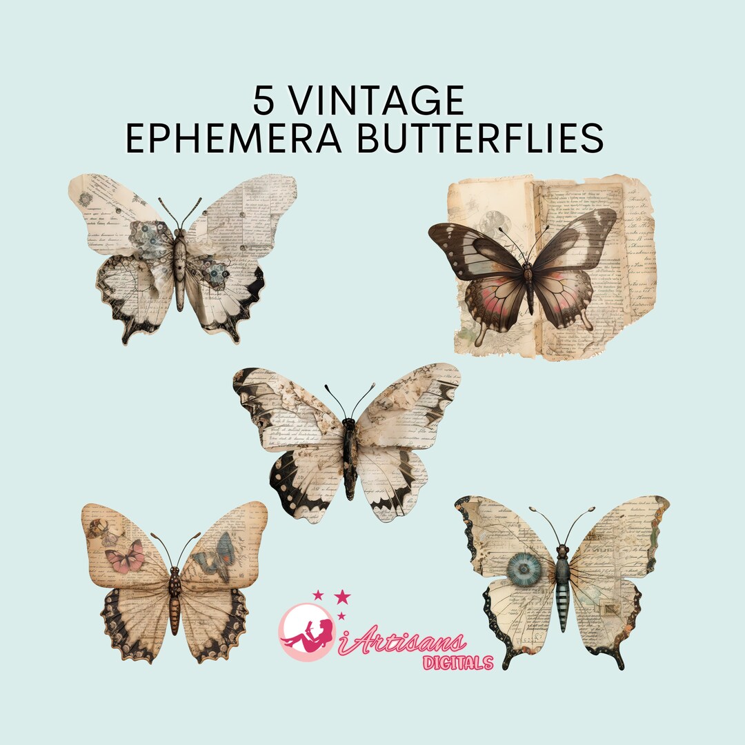 5 Vintage Ephemera Butterflies | Clipart | Digital Art | PNG ...