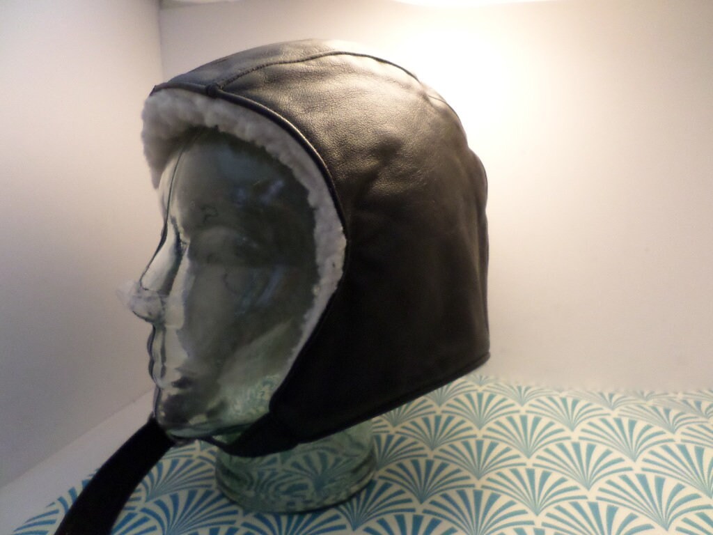 vintage 70's black leather nubby lined pilots Red Baron motorcycle hat ...