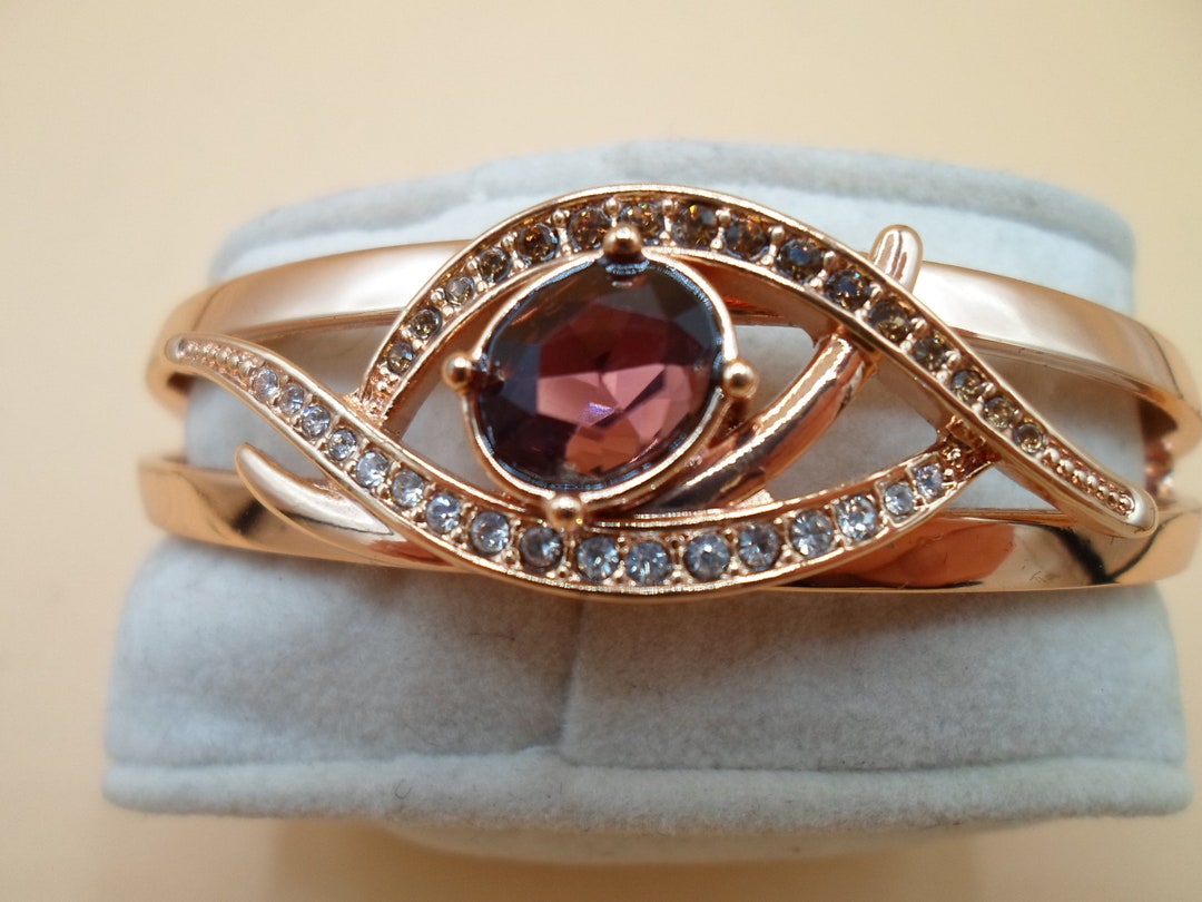 Vintage Stunning Jeweled Hinged Clamp Cuff Bracelet Rose Gold Tone ...