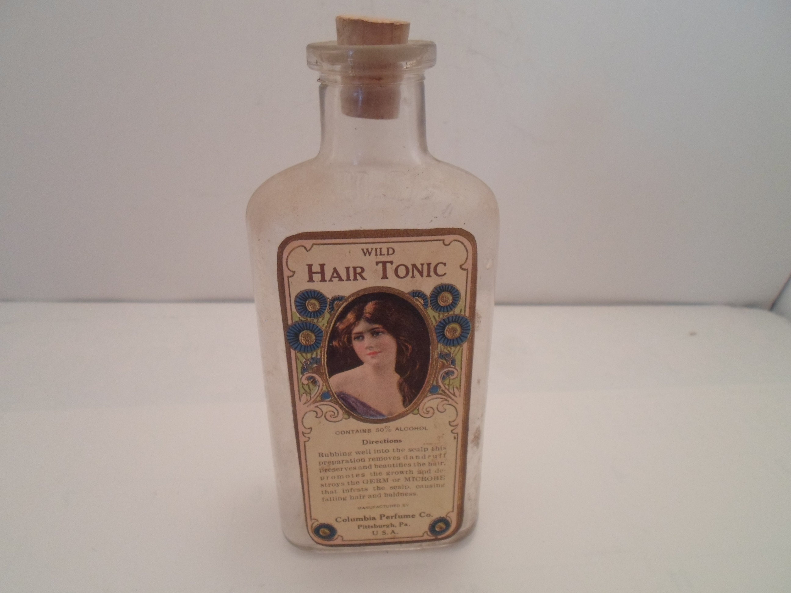 Antique Columbia Perfume Co Wild Hair Tonic Bottle Victorian Lady Label ...