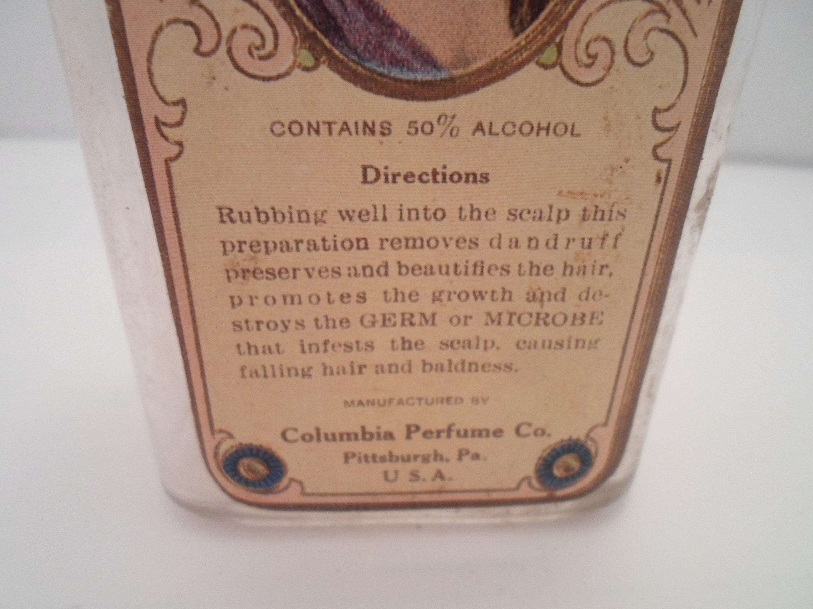 Antique Columbia Perfume Co Wild Hair Tonic Bottle Victorian Lady Label ...